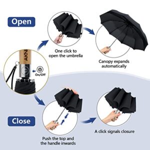 AKNW Portable Travel Umbrellas for Rain Windproof, 10 Ribs Auto Open Close Folding Umbrella with Wood Handle, Strong, Wind Resistant, Compact Small Umbrella for Backpack, Car, Purse, Black