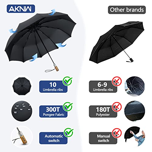 AKNW Portable Travel Umbrellas for Rain Windproof, 10 Ribs Auto Open Close Folding Umbrella with Wood Handle, Strong, Wind Resistant, Compact Small Umbrella for Backpack, Car, Purse, Black