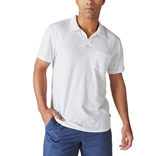 Lucky Brand Men's Short Sleeve Linen Johnny Collar Polo, Bright White, Large