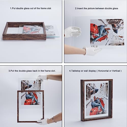 Trwcrt 8x10 Picture Frame Set of 2, Double Glass Floating Photo Frames Display up to 10 x 12 photos for Wall or Tabletop Display, Brown