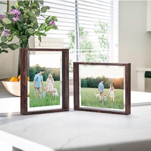 Trwcrt 8x10 Picture Frame Set of 2, Double Glass Floating Photo Frames Display up to 10 x 12 photos for Wall or Tabletop Display, Brown