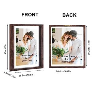 Trwcrt 8x10 Picture Frame Set of 2, Double Glass Floating Photo Frames Display up to 10 x 12 photos for Wall or Tabletop Display, Brown