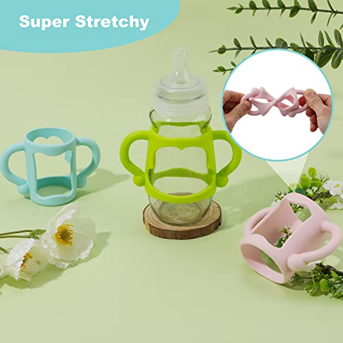 3pcs Baby Bottle Handles for Dr Brown Narrow Baby Bottles, Soft Silicone Baby Bottle Holder with Easy Grip Handles Bottle Holder for Baby Self Feeding (Pink, Green, Blue)