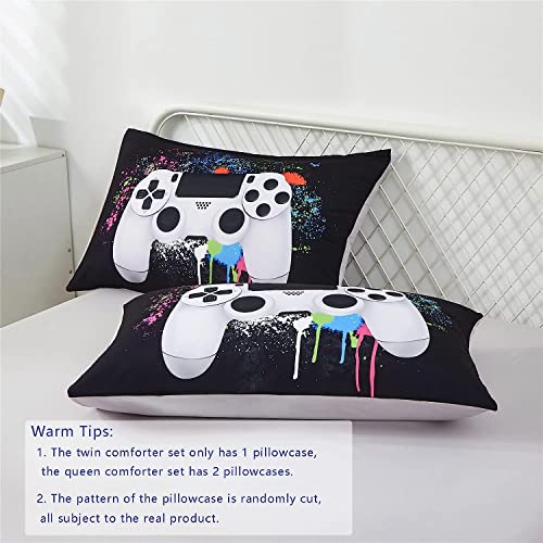 KAKKI 5 Piece Boys Full Gamer Comforter Set with Sheets, 3D Colorful Video Game Controller Comforter for Kids Teen, All Season Soft Microfiber Gaming Bedding Set(White,Full)