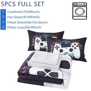 KAKKI 5 Piece Boys Full Gamer Comforter Set with Sheets, 3D Colorful Video Game Controller Comforter for Kids Teen, All Season Soft Microfiber Gaming Bedding Set(White,Full)