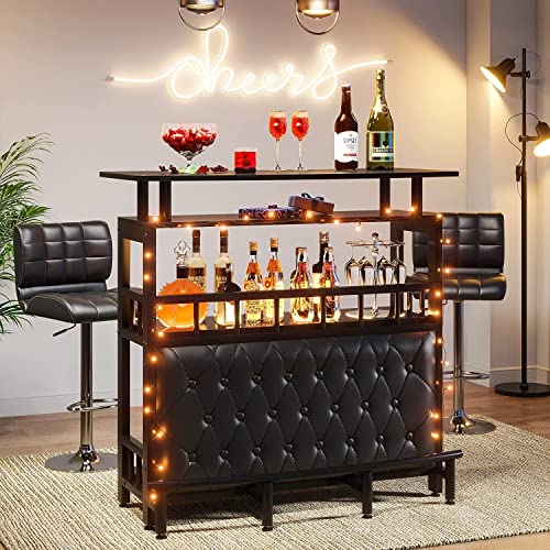 Bar Unit for Home with Storage Black Industrial Rectangular Metal Wood Finish