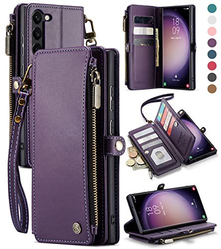 Defencase Galaxy S23 Plus Wallet Case, RFID Blocking PU Leather, Magnetic Flip & Zipper Card Holder - Fashion Purple