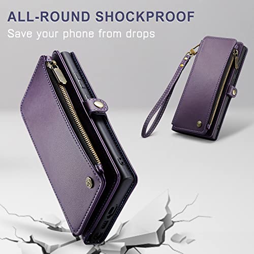 Defencase Galaxy S23 Plus Wallet Case, RFID Blocking PU Leather, Magnetic Flip & Zipper Card Holder - Fashion Purple