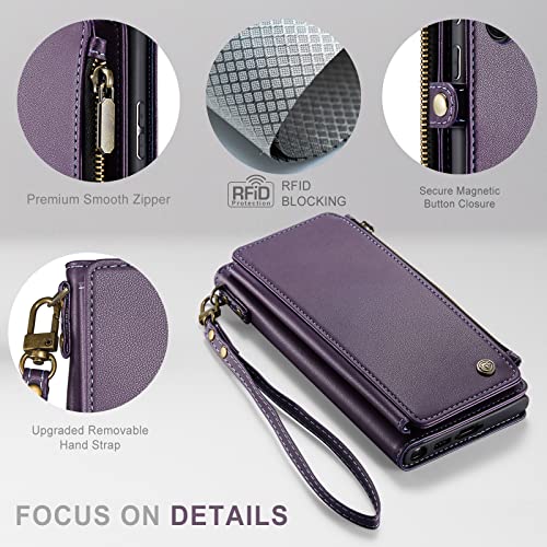 Defencase Galaxy S23 Plus Wallet Case, RFID Blocking PU Leather, Magnetic Flip & Zipper Card Holder - Fashion Purple