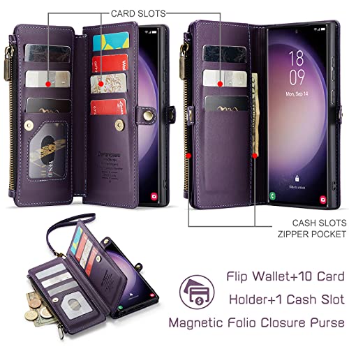 Defencase Galaxy S23 Plus Wallet Case, RFID Blocking PU Leather, Magnetic Flip & Zipper Card Holder - Fashion Purple