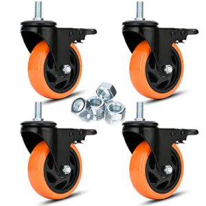 4 Inch Caster Wheels 2200Lbs, Threaded Stem Casters Set of 4 Heavy Duty, 1/2"-13 x 1" (Screw Diameter 1/2", Stem Length 1"), Safety Dual Locking Industrial Castors, Wheels for Cart, Furniture