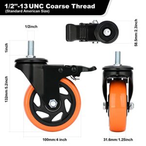 4 Inch Caster Wheels 2200Lbs, Threaded Stem Casters Set of 4 Heavy Duty, 1/2"-13 x 1" (Screw Diameter 1/2", Stem Length 1"), Safety Dual Locking Industrial Castors, Wheels for Cart, Furniture