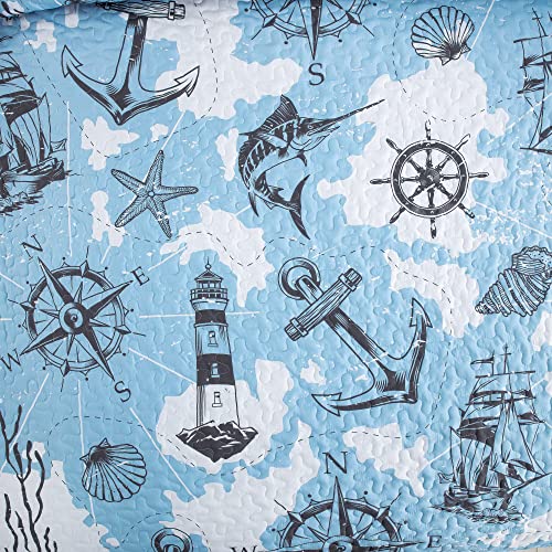 Dinjoy Nautical Ocean Quilt Set Queen Size, Blue Beach Coastal Themed Bedding Set Lighthouse Anchor Sailboat Pattern Microfiber Lightweight Summer Bedspread Coverlet Bed Set All Season