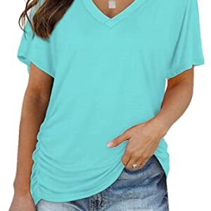 MYCOLORBLUE Women's V Neck T Shirts Short Sleeve Summer Casual Loose Dolman Tops with Side Shirring Aquamarine S