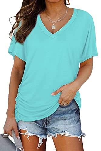 MYCOLORBLUE Women's V Neck T Shirts Short Sleeve Summer Casual Loose Dolman Tops with Side Shirring Aquamarine S