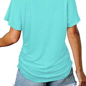 MYCOLORBLUE Women's V Neck T Shirts Short Sleeve Summer Casual Loose Dolman Tops with Side Shirring Aquamarine S