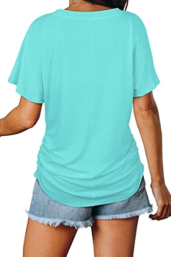 MYCOLORBLUE Women's V Neck T Shirts Short Sleeve Summer Casual Loose Dolman Tops with Side Shirring Aquamarine S