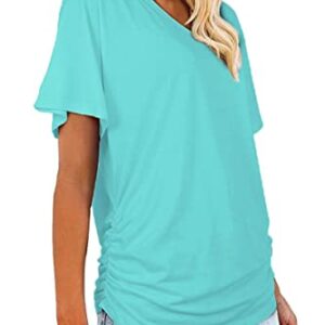 MYCOLORBLUE Women's V Neck T Shirts Short Sleeve Summer Casual Loose Dolman Tops with Side Shirring Aquamarine S