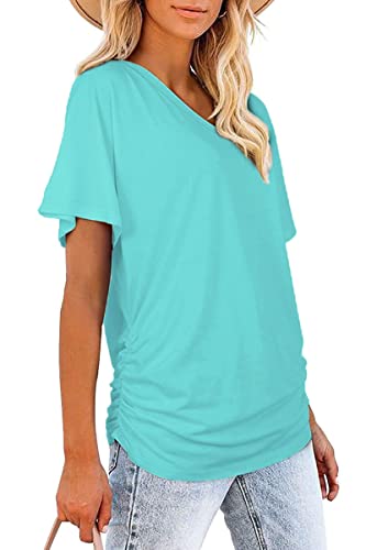 MYCOLORBLUE Women's V Neck T Shirts Short Sleeve Summer Casual Loose Dolman Tops with Side Shirring Aquamarine S