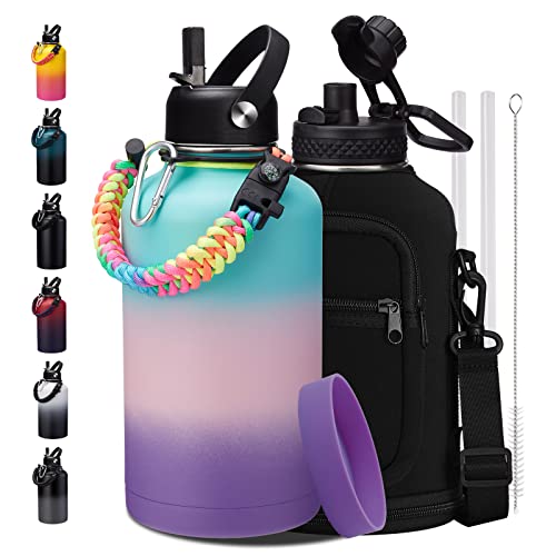 Half Gallon Water Bottle Insulated - 64 oz Water Bottle with Straw Spout Lid, Strap Carrying Sleeve, Paracord Handle, Leak Proof Metal Water Flask for Workout Sport Hiking Gym, Hydro Jug Thermo Mug