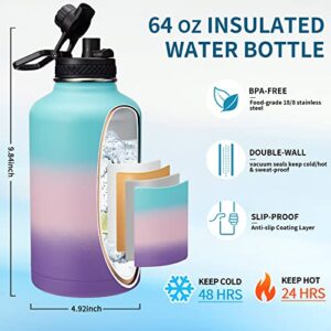 Half Gallon Water Bottle Insulated - 64 oz Water Bottle with Straw Spout Lid, Strap Carrying Sleeve, Paracord Handle, Leak Proof Metal Water Flask for Workout Sport Hiking Gym, Hydro Jug Thermo Mug