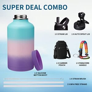 Half Gallon Water Bottle Insulated - 64 oz Water Bottle with Straw Spout Lid, Strap Carrying Sleeve, Paracord Handle, Leak Proof Metal Water Flask for Workout Sport Hiking Gym, Hydro Jug Thermo Mug