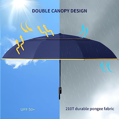 SATOL 62 Inch Large Golf Umbrella for Rain, Automatic Oversize Windproof Double Canopy Vented 8 Ribs Sturdy Portable Folding Umbrella for Travel, UPF 50+ Compact Lightweight Wind Resistant Sun & Rain Umbrellas for Women and Men (BLUE)