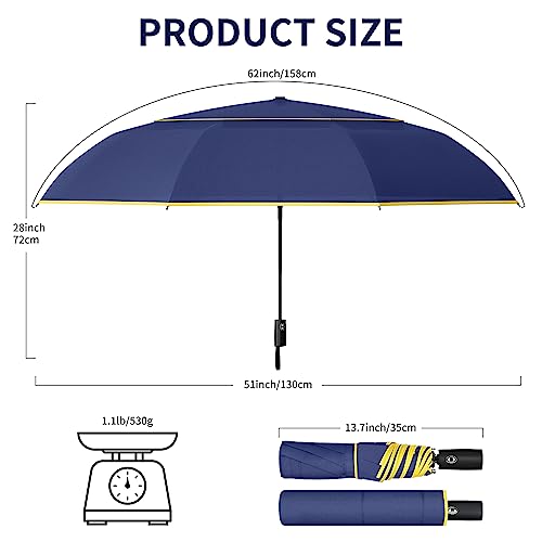 SATOL 62 Inch Large Golf Umbrella for Rain, Automatic Oversize Windproof Double Canopy Vented 8 Ribs Sturdy Portable Folding Umbrella for Travel, UPF 50+ Compact Lightweight Wind Resistant Sun & Rain Umbrellas for Women and Men (BLUE)