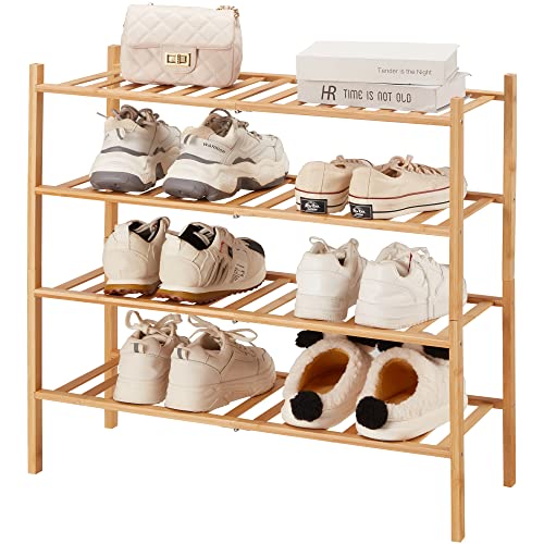 Candockway Bamboo Shoe Rack, 4-Tier Free Standing Shoe Racks, Stackable & Durable Shoe Rack Organizer, Shoe Shelf Holder Shoe Storage for Entryway Hallway Closet, Multifunctional