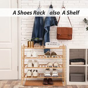 Candockway Bamboo Shoe Rack, 4-Tier Free Standing Shoe Racks, Stackable & Durable Shoe Rack Organizer, Shoe Shelf Holder Shoe Storage for Entryway Hallway Closet, Multifunctional