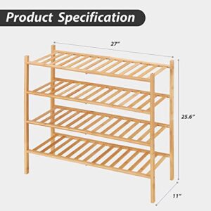 Candockway Bamboo Shoe Rack, 4-Tier Free Standing Shoe Racks, Stackable & Durable Shoe Rack Organizer, Shoe Shelf Holder Shoe Storage for Entryway Hallway Closet, Multifunctional