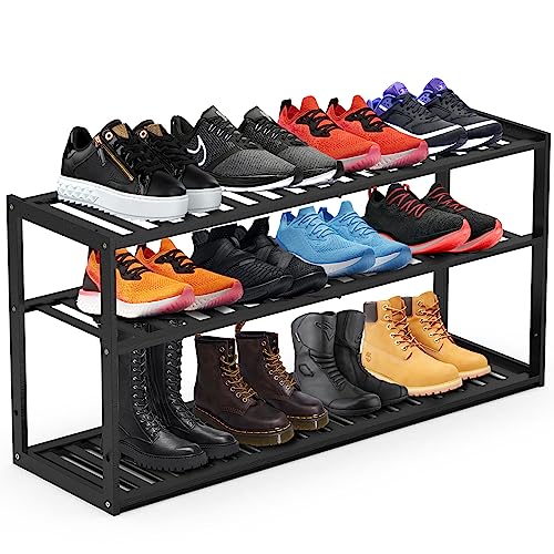 Jripae Bamboo Shoe Rack for Closet, 3-Tier Longer Stackable Dampproof Black Shoe Organizer Free Standing Shoe Racks for Entryway Closet Hallway Waterproof