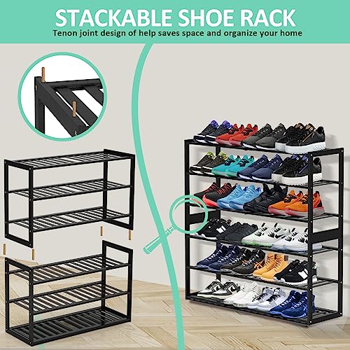 Jripae Bamboo Shoe Rack for Closet, 3-Tier Longer Stackable Dampproof Black Shoe Organizer Free Standing Shoe Racks for Entryway Closet Hallway Waterproof