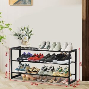 Jripae Bamboo Shoe Rack for Closet, 3-Tier Longer Stackable Dampproof Black Shoe Organizer Free Standing Shoe Racks for Entryway Closet Hallway Waterproof