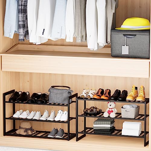 Jripae Bamboo Shoe Rack for Closet, 3-Tier Longer Stackable Dampproof Black Shoe Organizer Free Standing Shoe Racks for Entryway Closet Hallway Waterproof