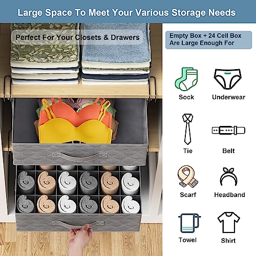 Carry360 2 Pack Sock Underwear Drawer Organizer Dividers, 24 Cell Fabric Foldable and Washable Cabinet Closet Organizers with Adjustable Clips for Clothes, Socks, Underwear (Gray)