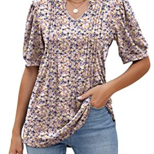 Womens V Neck Shirts Short Sleeve Summer Tops Puff Pleated Casual Tunic Blouses Floral Pink XXL