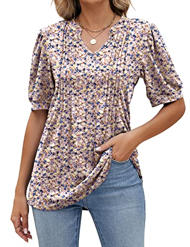 Womens V Neck Shirts Short Sleeve Summer Tops Puff Pleated Casual Tunic Blouses Floral Pink XXL