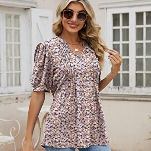 Womens V Neck Shirts Short Sleeve Summer Tops Puff Pleated Casual Tunic Blouses Floral Pink XXL