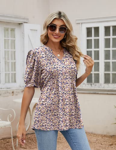 Womens V Neck Shirts Short Sleeve Summer Tops Puff Pleated Casual Tunic Blouses Floral Pink XXL