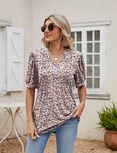 Womens V Neck Shirts Short Sleeve Summer Tops Puff Pleated Casual Tunic Blouses Floral Pink XXL