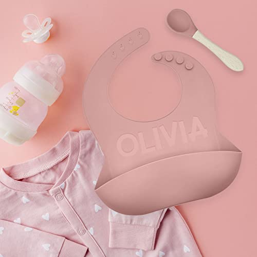 Personalized Silicone Bib and Spoon Set with Debossed Custom Name, Babies/Toddlers Durable Adjustable with Pocket for Baby Boy & Girl | Pink