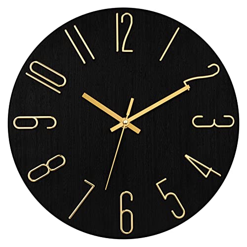 Foxtop Wall Clock 12 Inch Silent Non Ticking Battery Operated Round Wall Clock Modern Simple Style Clocks Decorative for Office Bedroom Kitchen School (Black Gold)