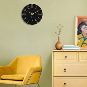 Foxtop Wall Clock 12 Inch Silent Non Ticking Battery Operated Round Wall Clock Modern Simple Style Clocks Decorative for Office Bedroom Kitchen School (Black Gold)