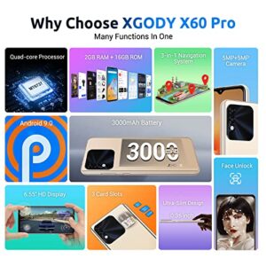 Xgody X60 Pro 4G Unlocked Phones, 6.6'’ QHD Waterdrop Screen Dual Sim Unlocked Cell Phones, Quad-core 2GB+16GB Smartphones, 3000mAh Battery, Face Unlock, Camera 5MP+5MP Cheap Android Phone (Gold)