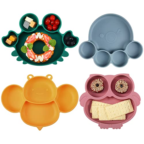 Maxdot 4 Pcs Silicone Baby Plates Toddler Suction Plates Divided Baby Dishes Cute Animal Kids Plates for Toddlers Baby Feeding Eating Supplies, Microwave and Dishwasher Safe, 4 Designs