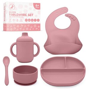 silicone baby feeding set - food-grade baby led weaning supplies for toddlers - includes non-bpa suction plate with divider, suction bowl, pocket bib, spoon & sippy cup for weaning - pink