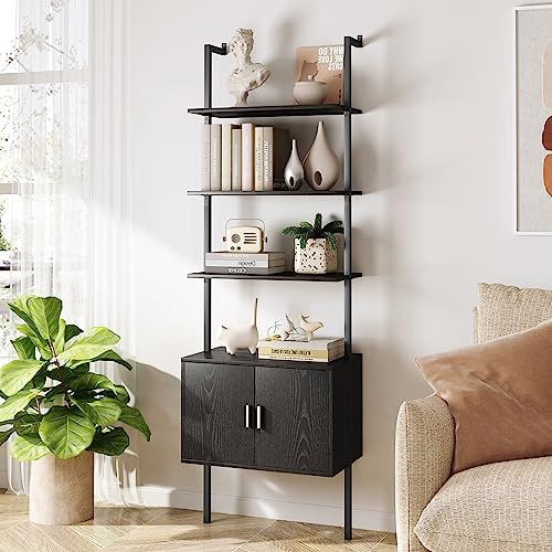 Yusong 73" Tall Bookshelf with Cabinet, Industrial Ladder Wall Mount Shelf Bookcase with Wood and Metal Frame, Plant Shelf Wall Storage Display for Living Room Bedroom, Black Wood Grain