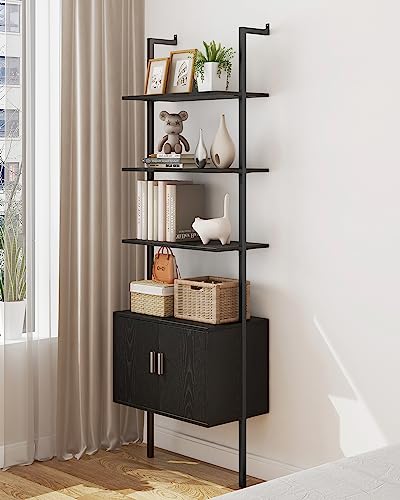 Yusong 73" Tall Bookshelf with Cabinet, Industrial Ladder Wall Mount Shelf Bookcase with Wood and Metal Frame, Plant Shelf Wall Storage Display for Living Room Bedroom, Black Wood Grain