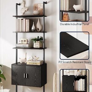 Yusong 73" Tall Bookshelf with Cabinet, Industrial Ladder Wall Mount Shelf Bookcase with Wood and Metal Frame, Plant Shelf Wall Storage Display for Living Room Bedroom, Black Wood Grain